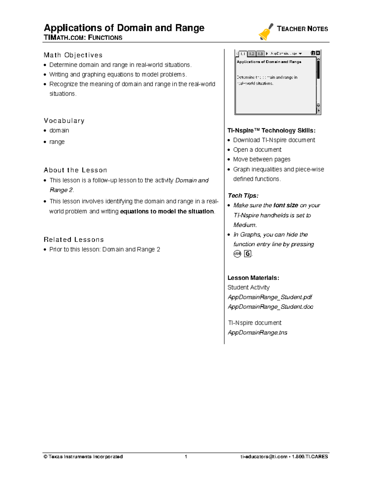 App Domain Range Teacher - TIMATH: FUNCTIONS M a t h Ob j e c t i v e s ...
