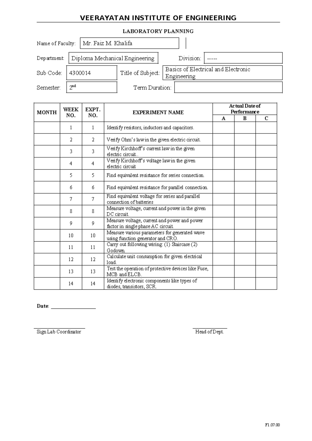 BEEE Lab Planning - lAB PLAN - VEERAYATAN INSTITUTE OF ENGINEERING ...