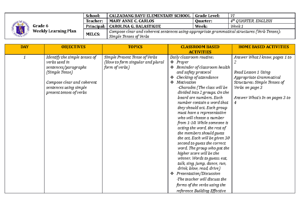 Weekly Learning Plan in English 6 - Education - Studocu
