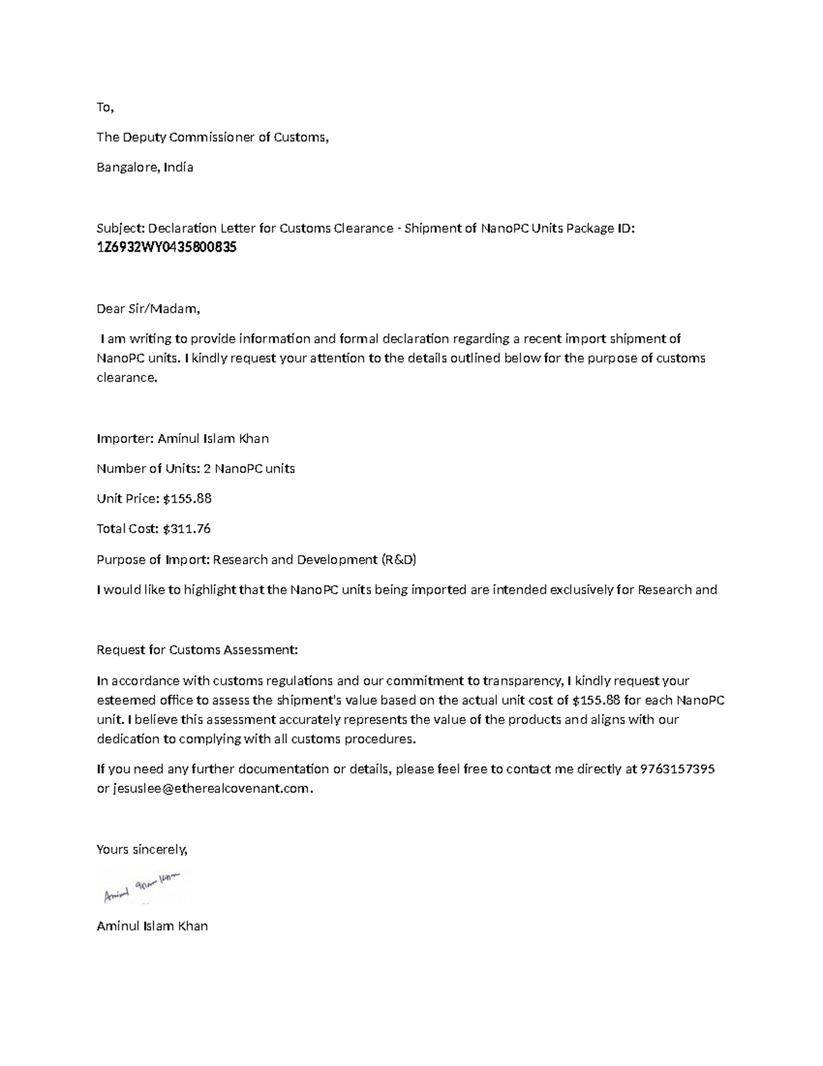 To - Value - To, The Deputy Commissioner of Customs, Bangalore, India ...