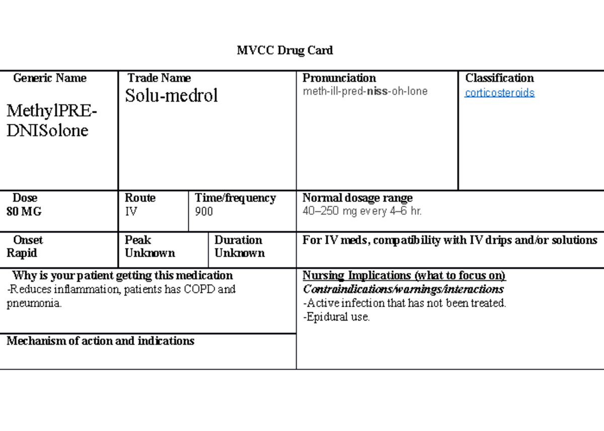 Solumedrol - drug card - MVCC Drug Card Generic Name MethylPRE ...