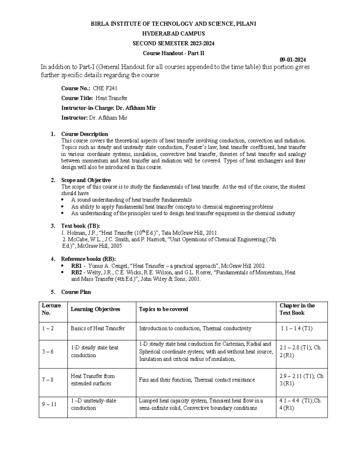 CHE F241 HT Course Handout Afkham - BIRLA INSTITUTE OF TECHNOLOGY AND SCIENCE, PILANI HYDERABAD ...