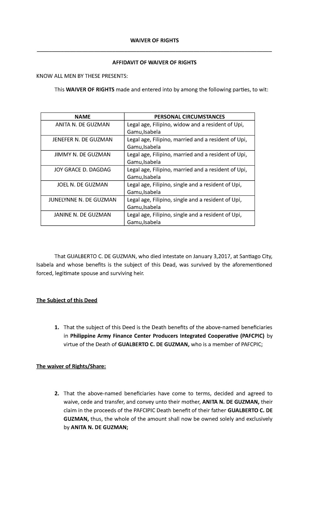Waiver OF Rights - WAIVER OF RIGHTS AFFIDAVIT OF WAIVER OF RIGHTS KNOW ...