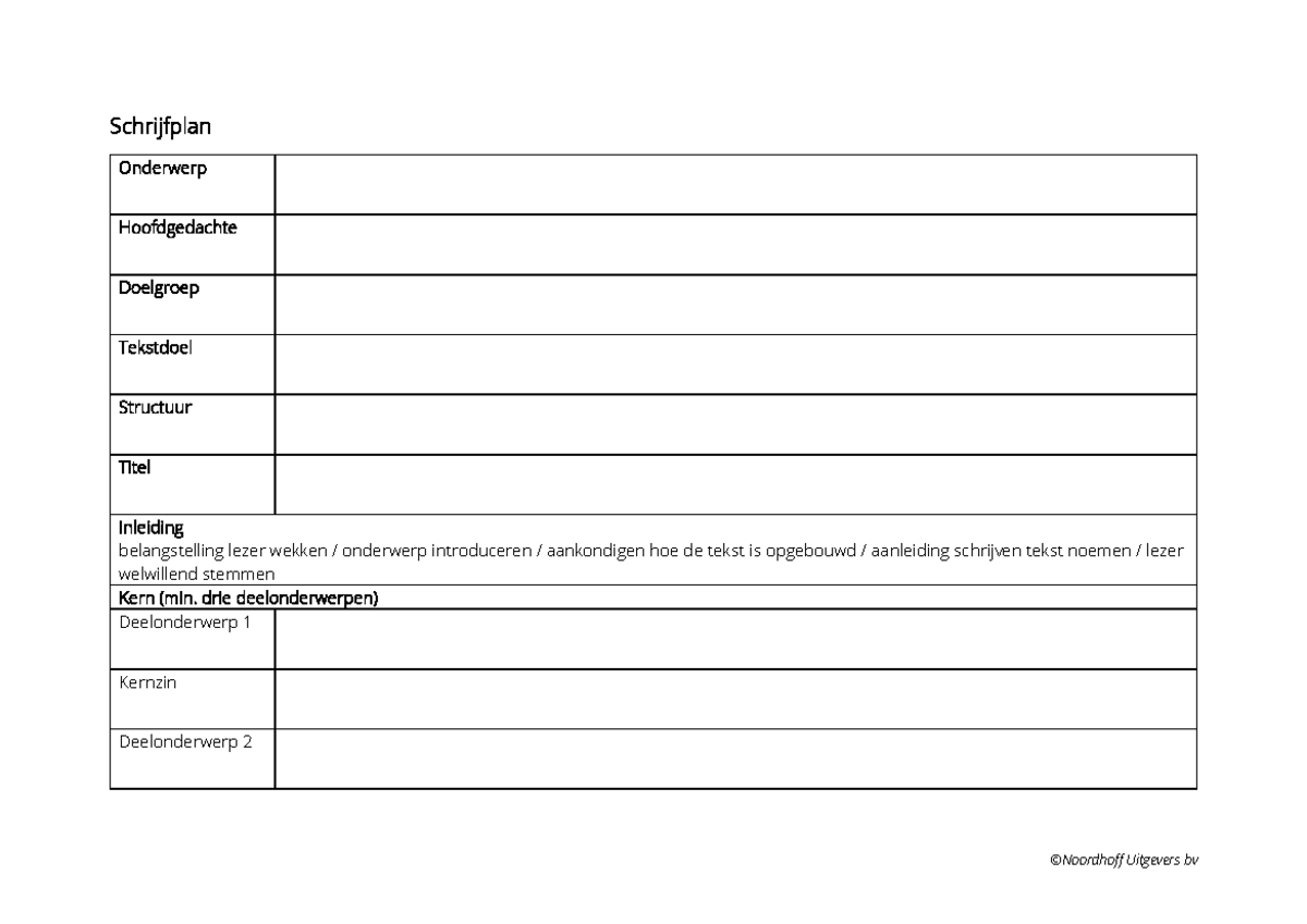 Leeg schrijfplan - Nederlands - schrijfvaardigheid - ©Noordhoff ...