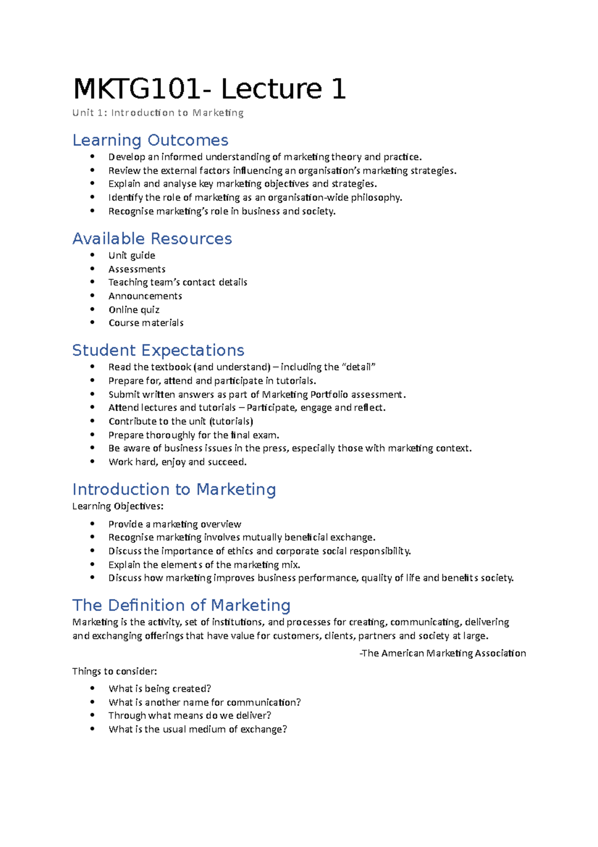 MKTG101- Lecture 1- Introduction to Marketing - MKTG101- Lecture 1 Unit ...