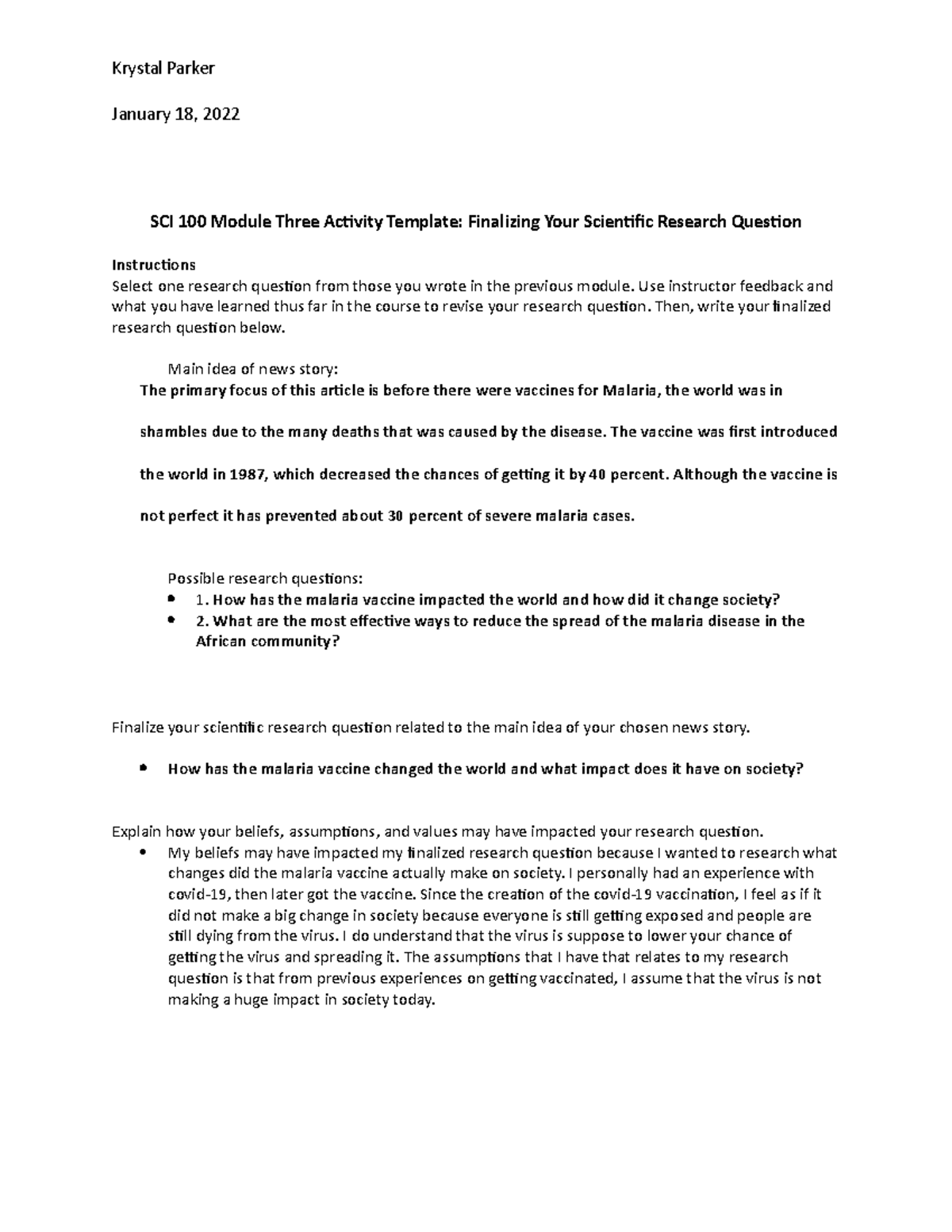 SCI 100 Module Three Activity Template - Use instructor feedback and ...