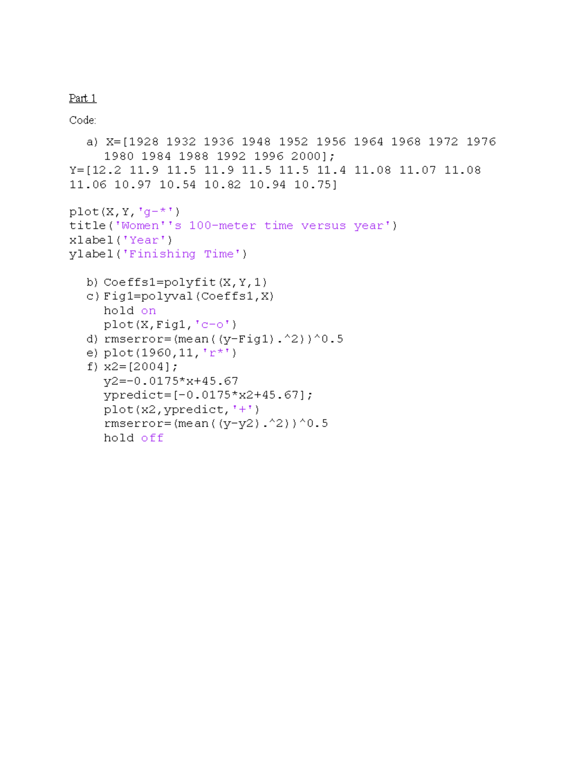 EECE Lab - Grade: A - Part 1 Code: a) X=[1928 1932 1936 1948 1952 1956 ...