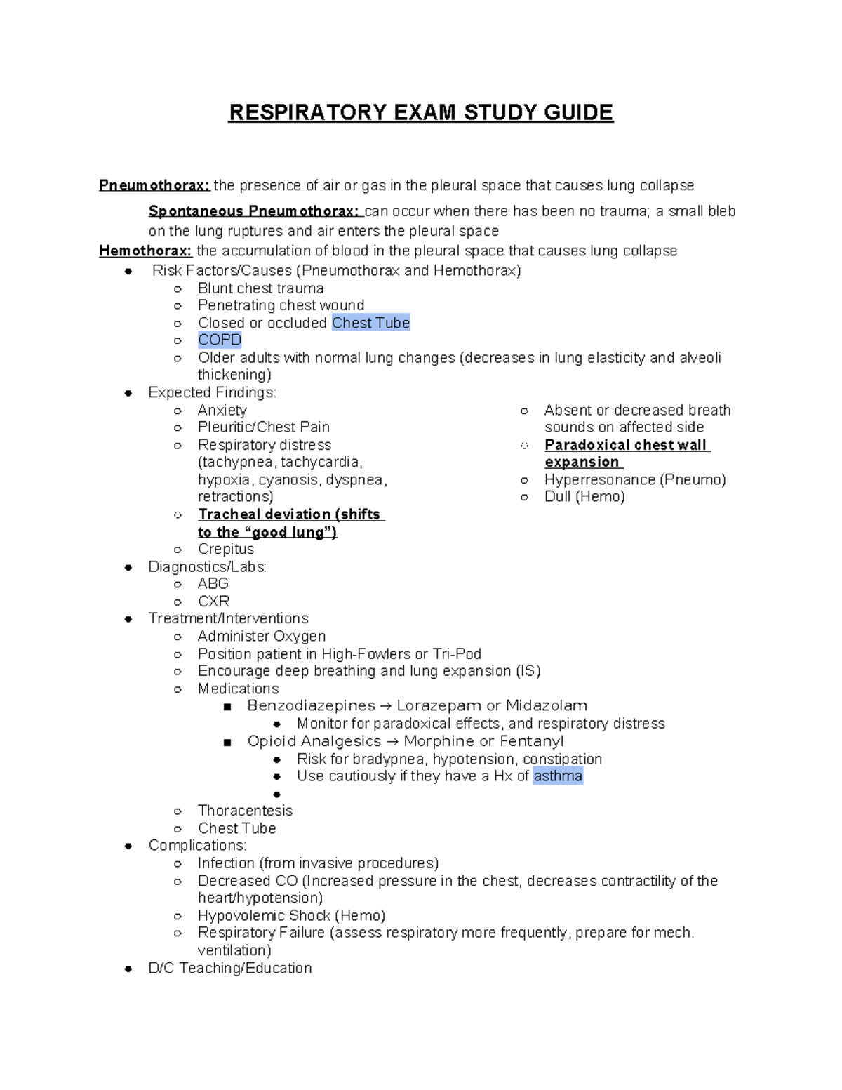 Respiratory Study Guide - RESPIRATORY EXAM STUDY GUIDE Pneumothorax ...