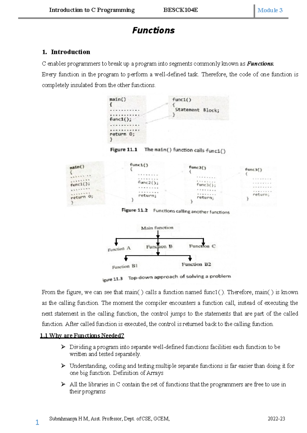Module-3 Functions & Arrays - Subrahmanya H M, Asst. Professor, Dept. of CSE, GCEM, 2022 - 23 1 ...