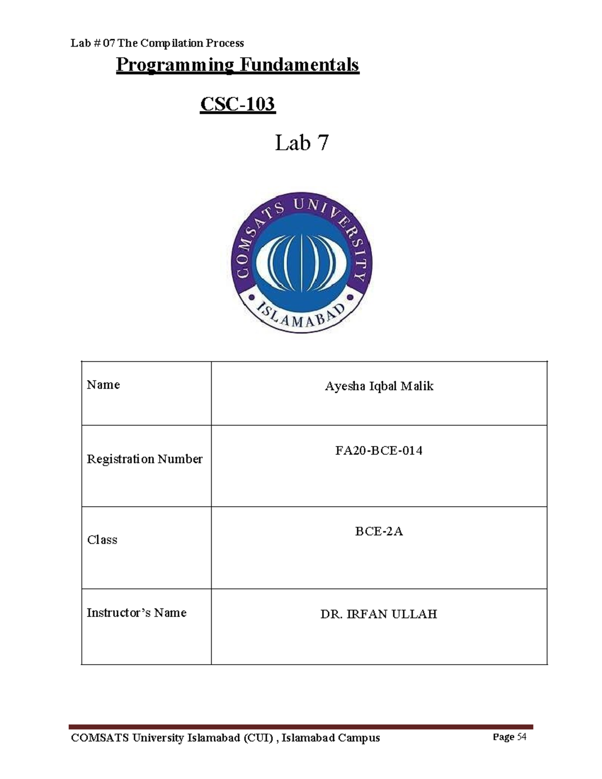 Lab 7 dld - this is the lab 7 of DLD. - Programming Fundamentals CSC ...
