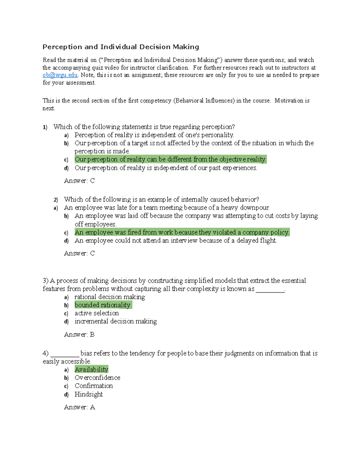 Perception and individual decision making multiple choice questions ...