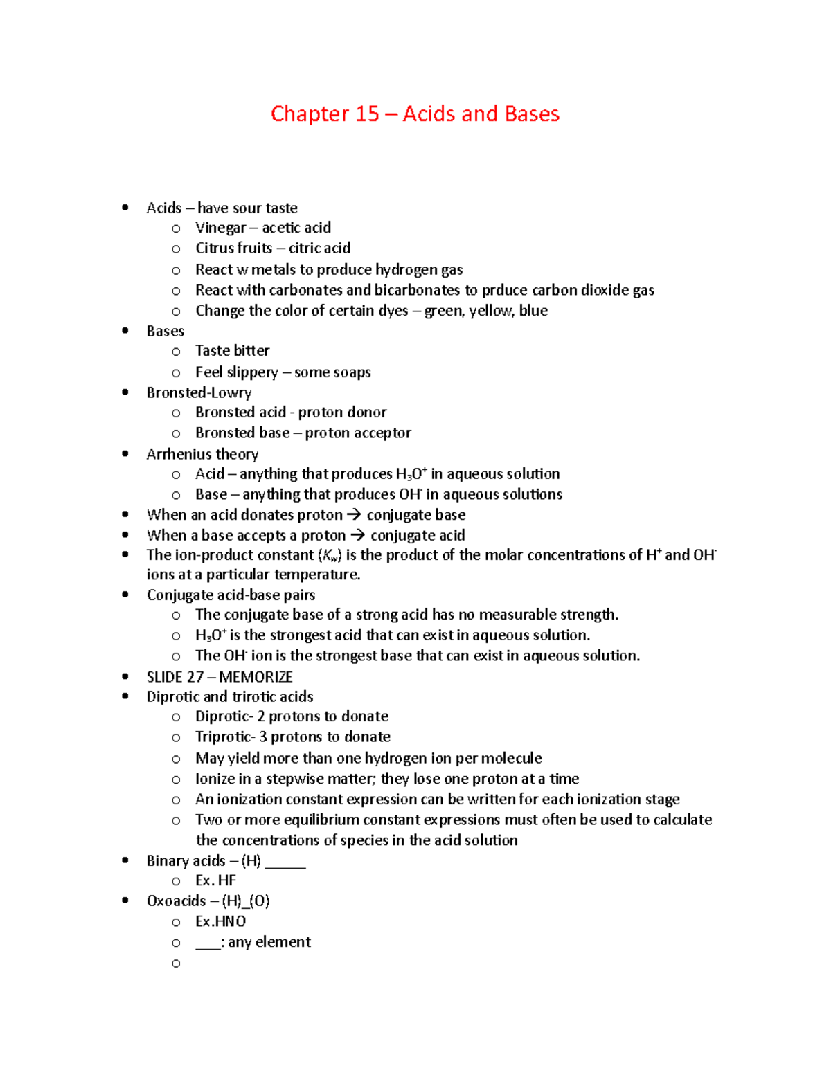 Chapter 15 -acids&bases - Chapter 15 – Acids and Bases Acids – have ...