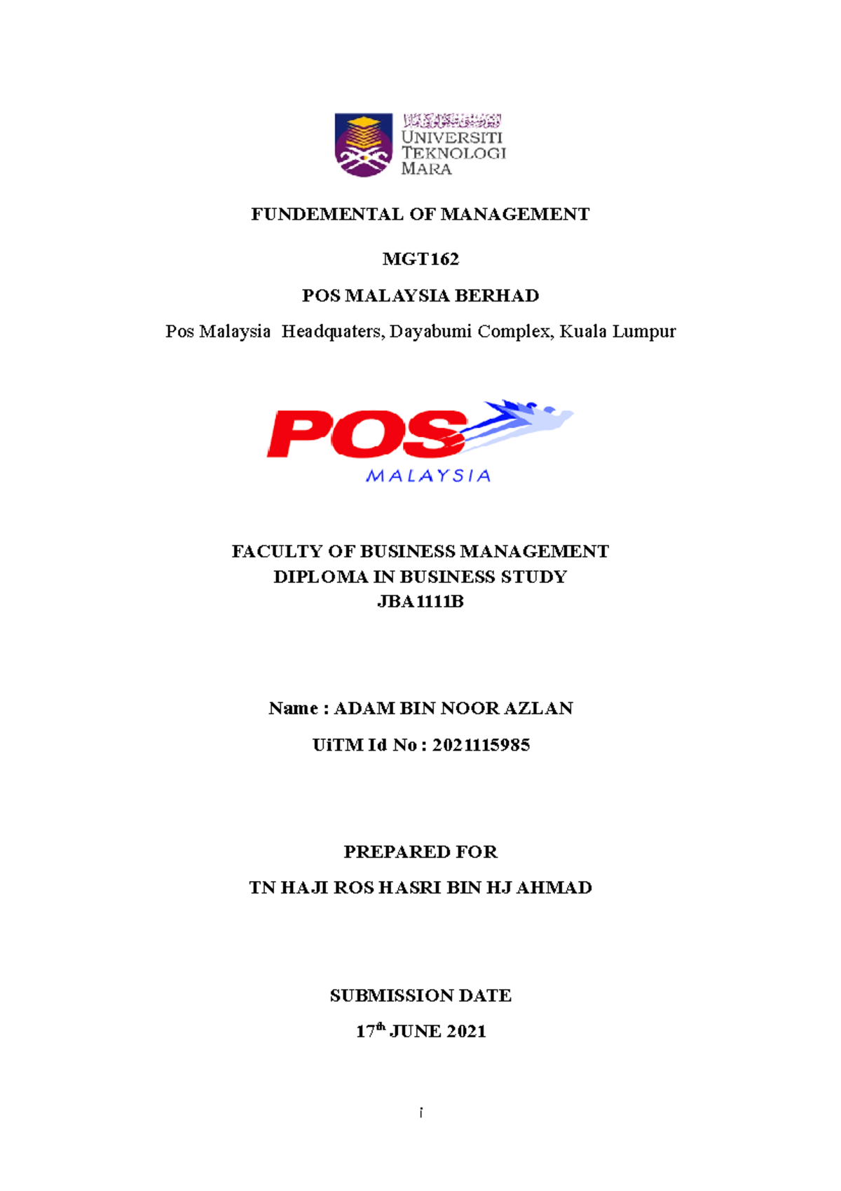 Adam Noor Azlan management and fundamental - FUNDEMENTAL OF MANAGEMENT ...