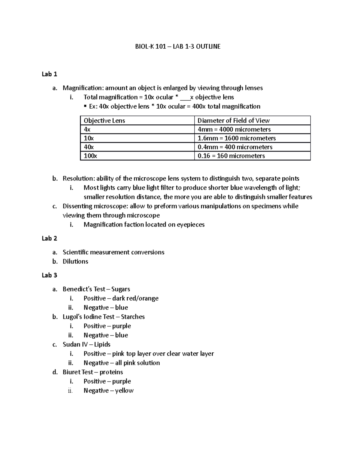 Lab 1-3 Outline - BIOL-K 101 – LAB 1-3 OUTLINE Lab 1 a. Magnification ...