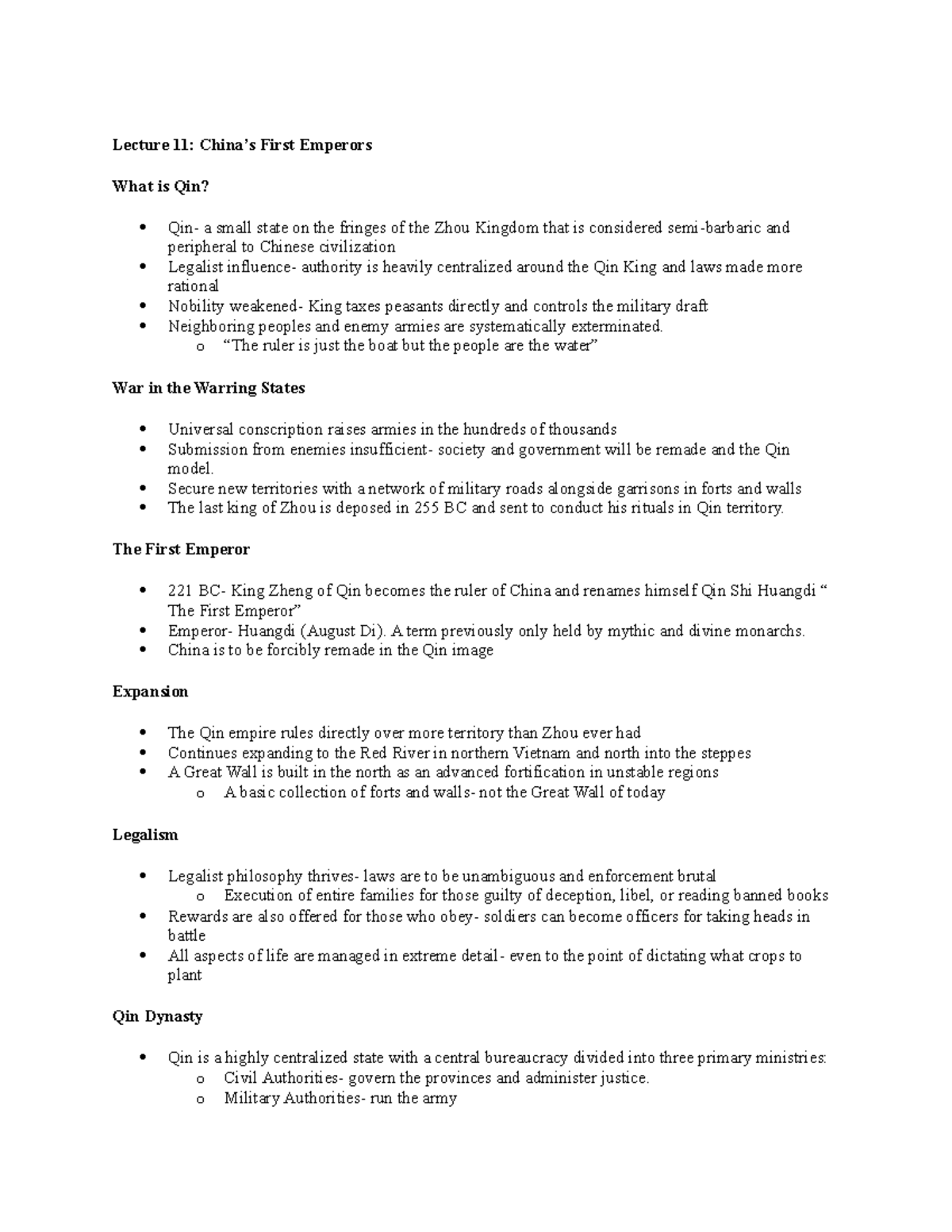 HIST 1101 Lecture 11 - Lecture 11: China’s First Emperors What is Qin ...