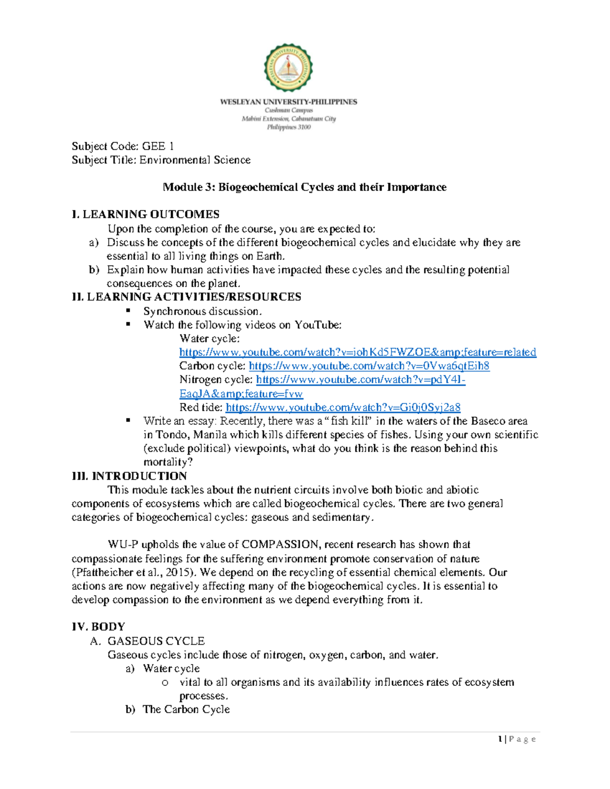 ES- Module 3 - 1 | P a g e Subject Code: GEE 1 Subject Title ...