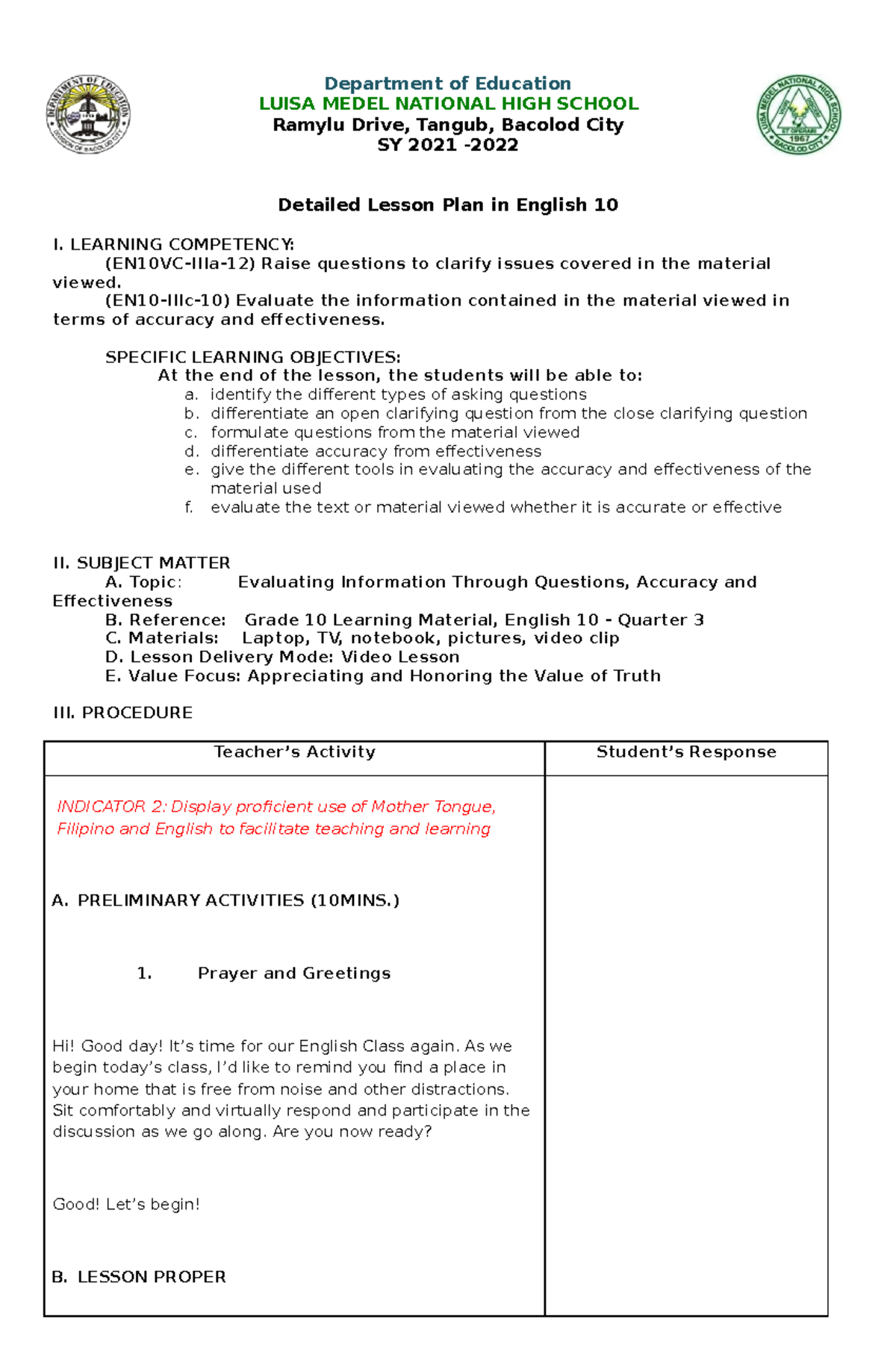 Malaay - COT 1 - LESSON - Department of Education LUISA MEDEL NATIONAL ...