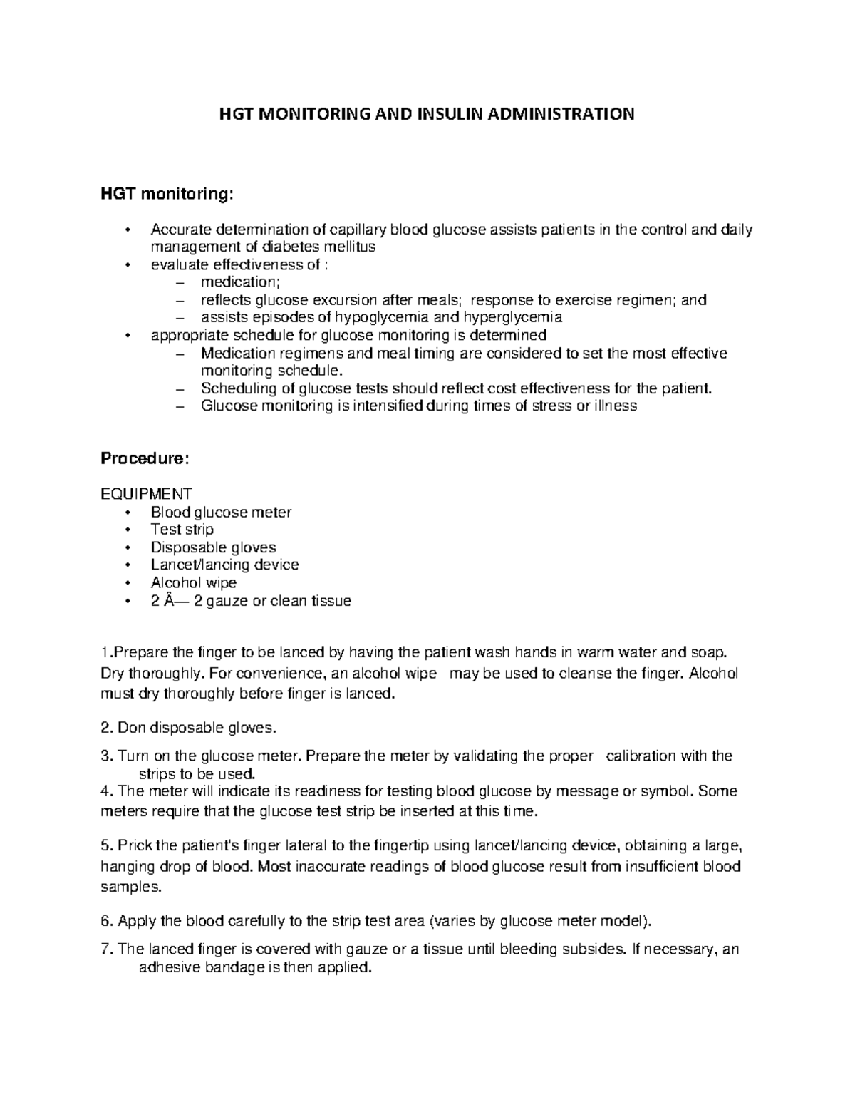 HGT Monitoring AND Insulin Administration - HGT MONITORING AND INSULIN ...