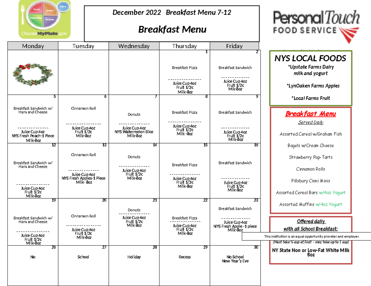 HM Brkfst Menu December High School 2022 - Menu is subject to change ...