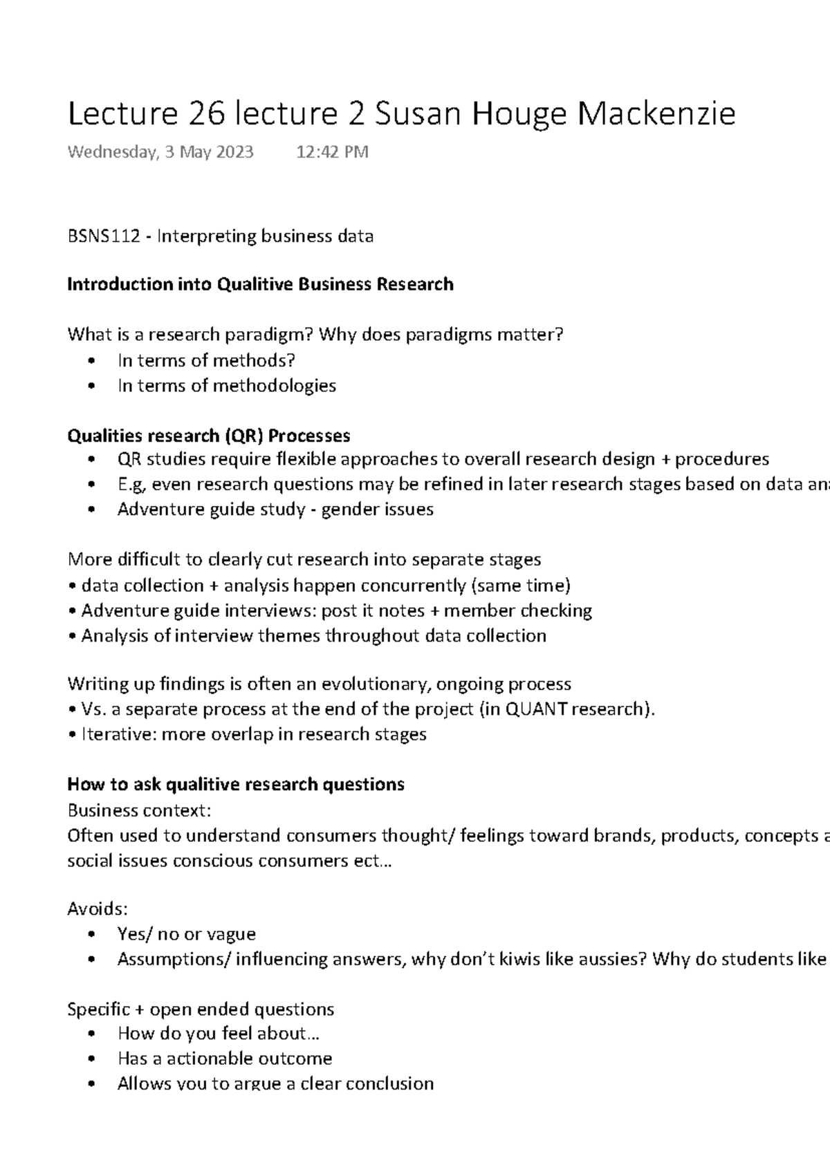 Lecture 26 lecture 2 Susan Houge Mackenzie - BSNS112 - Interpreting business data Introduction ...
