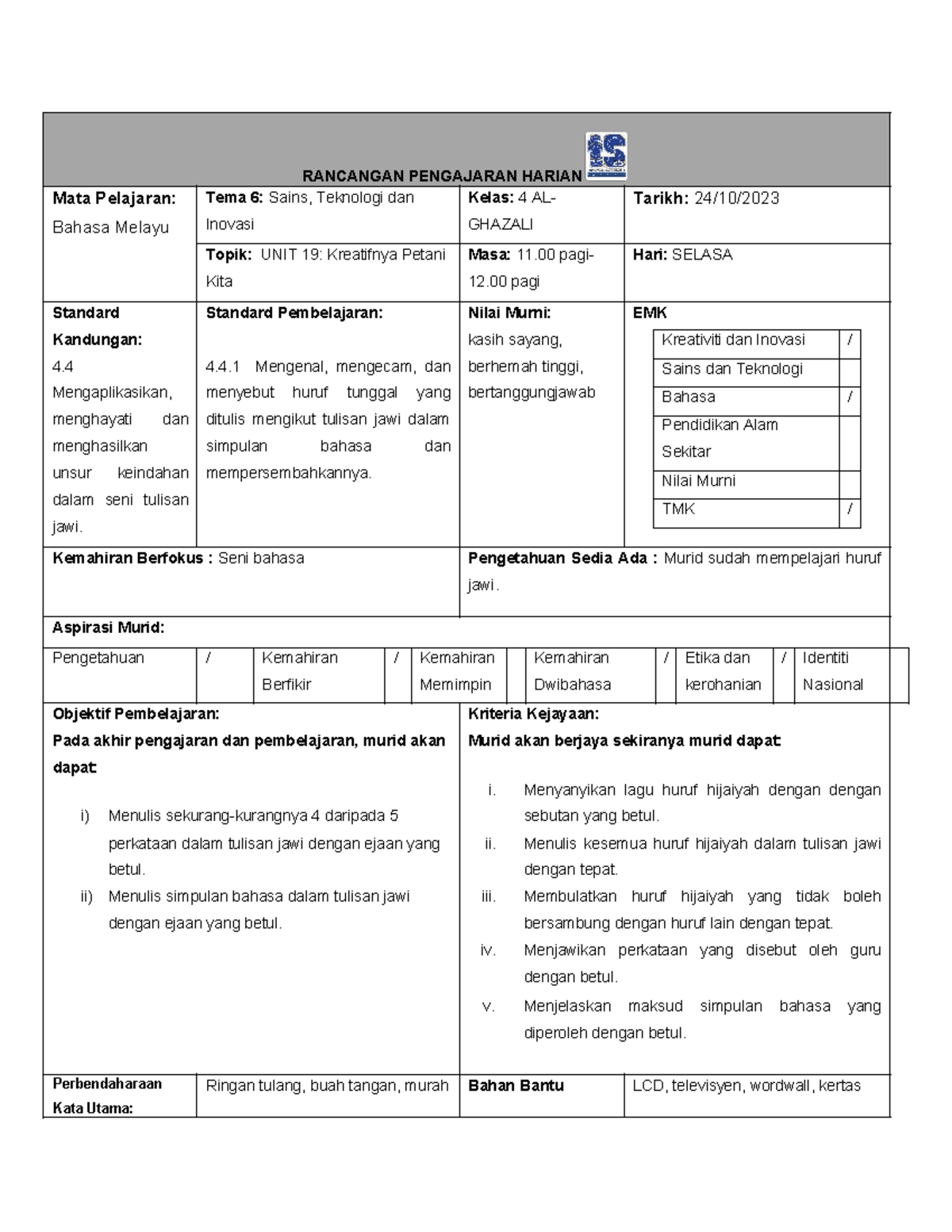 RPH UNIT 19 Tulisan JAWI - RANCANGAN PENGAJARAN HARIAN Mata Pelajaran ...
