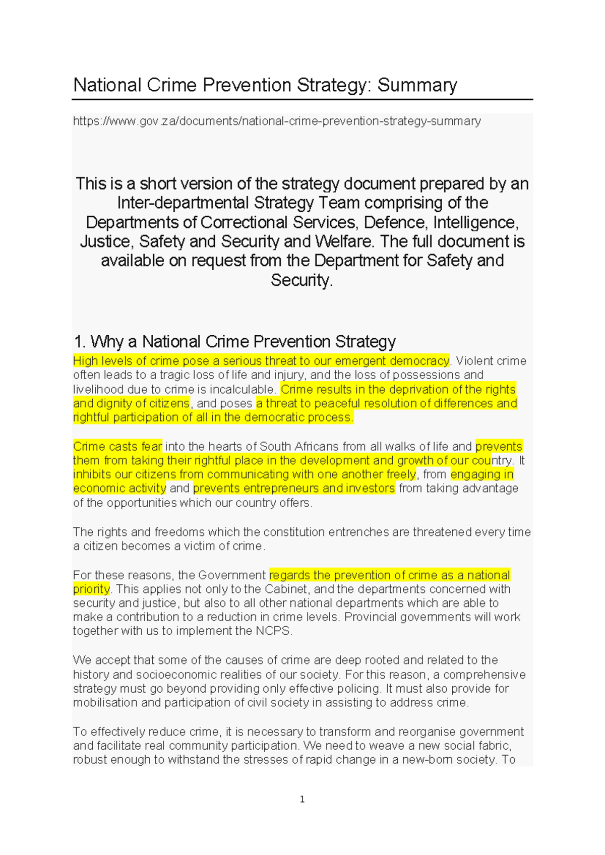 National Crime Prevention Strategy Summary - National Crime Prevention ...