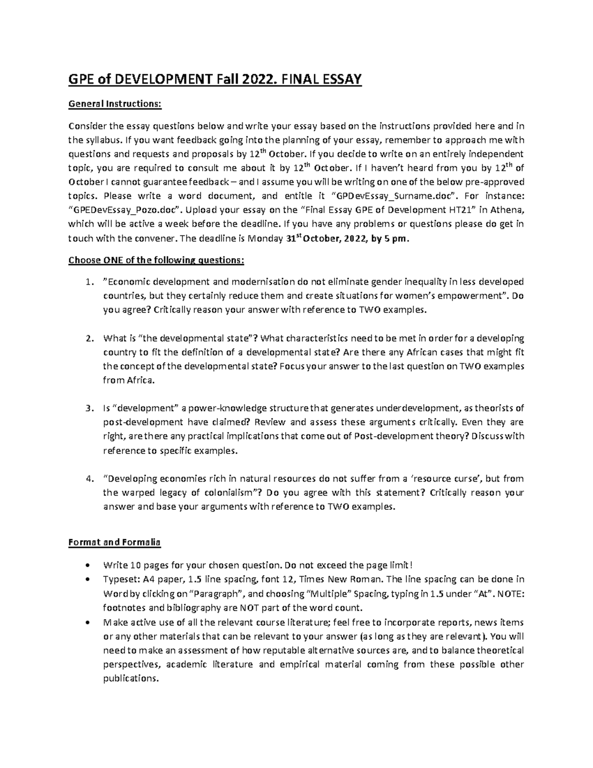 Essay Questions And Instructions HT2022 GPE Of DEVELOPMENT Fall 2022