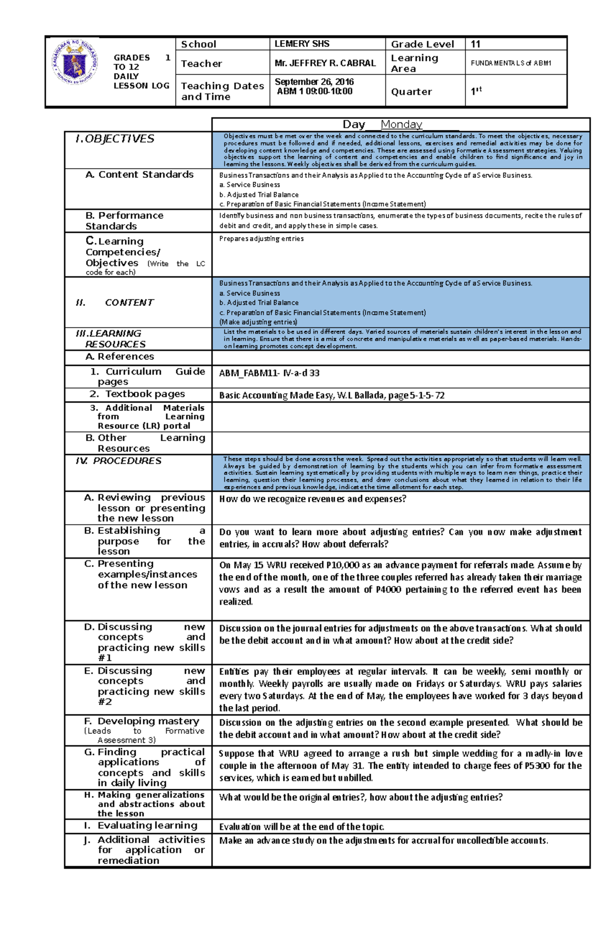 Week13-a - DLL - GRADES 1 TO 12 DAILY LESSON LOG School LEMERY SHS ...