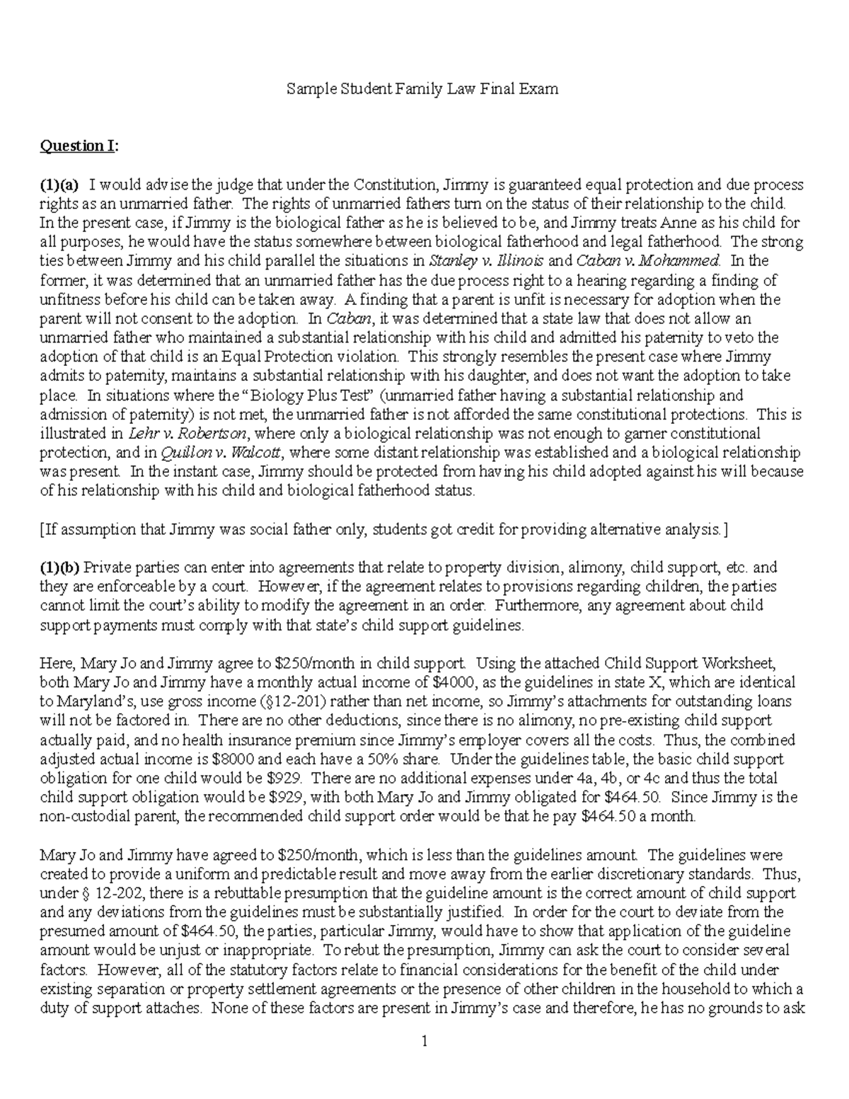 Sample Student Family Law Final Exam Answers Sample Student Family
