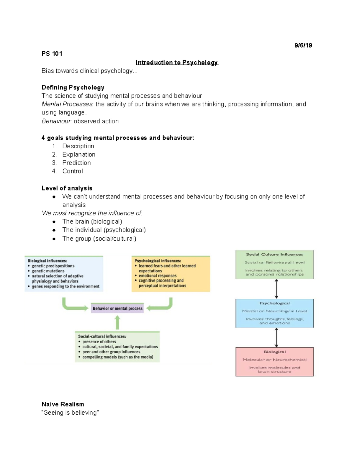 PS 101 Midterm notes - 9/6/ PS 101 Introduction to Psychology Bias ...