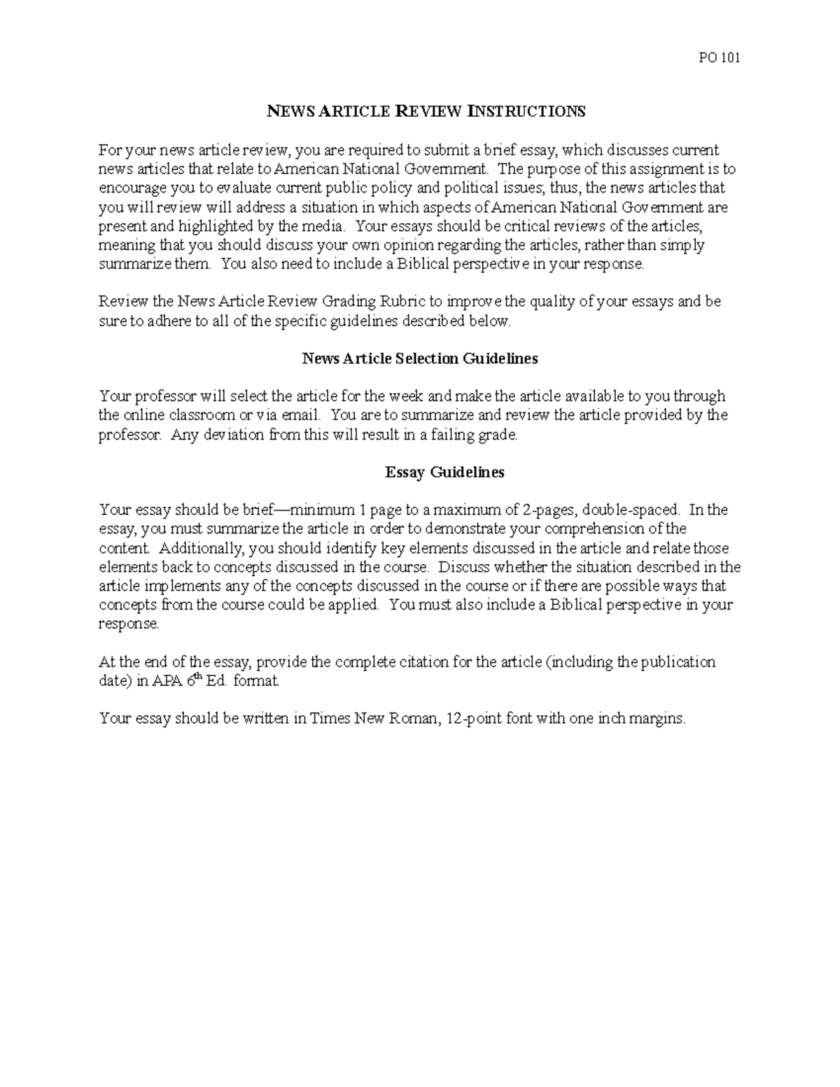 News Article Review Instructions - PO 101 NEWS ARTICLE REVIEW ...