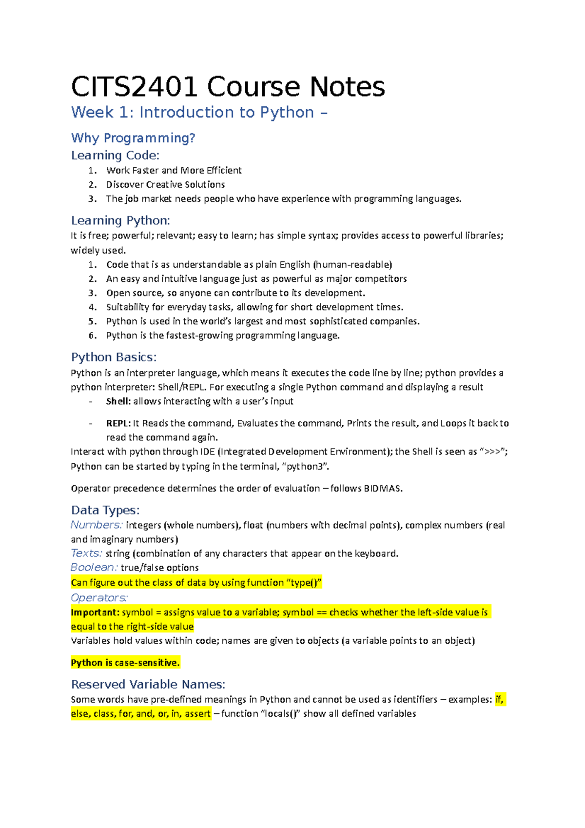 CITS2401 Course Notes - CITS2401 Course Notes Week 1: Introduction to ...