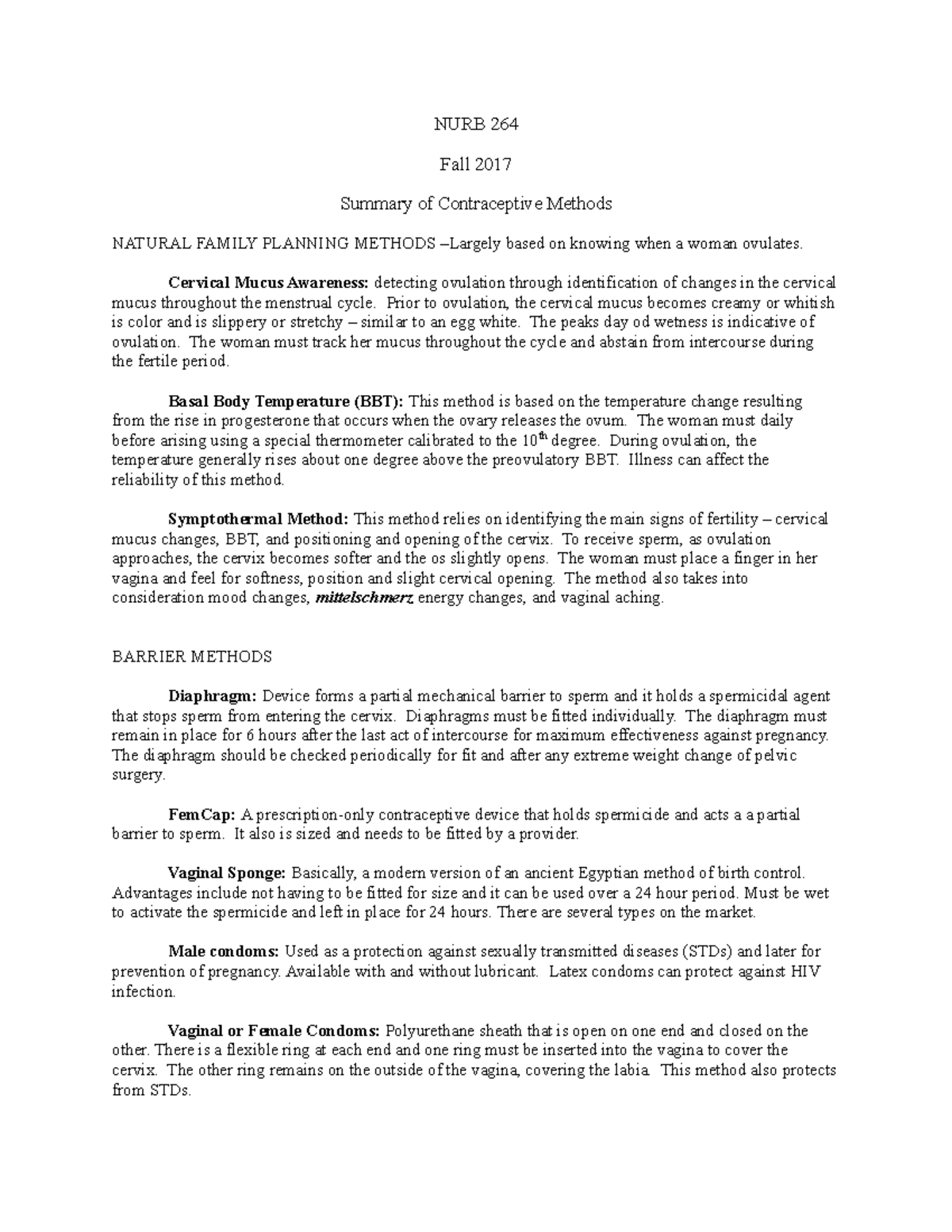 Contraception notes - NURB 264 Fall 2017 Summary of Contraceptive ...