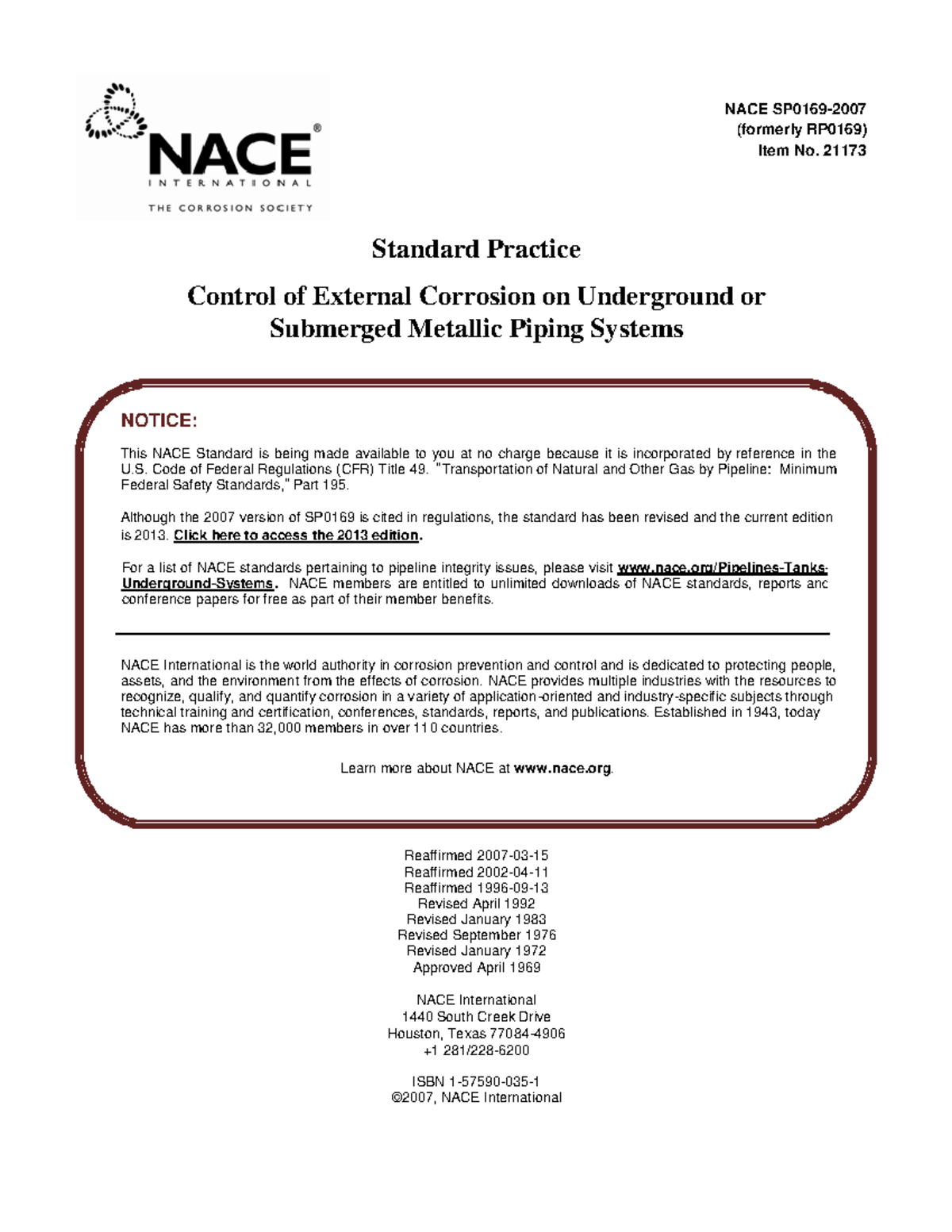 NACE-SP016907 Phmsa - corrosion - NACE (formerly RP0169) Item No. 21173 ...
