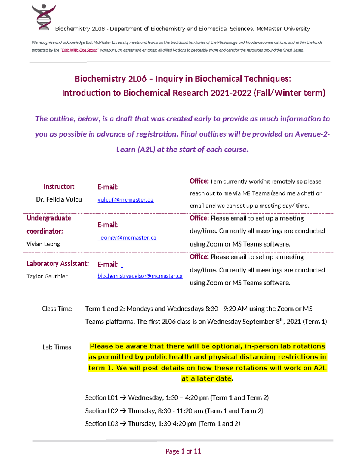 Biochem 2l06 inquiry in biochemical science fw2021 draft - We recognize and acknowledge that ...