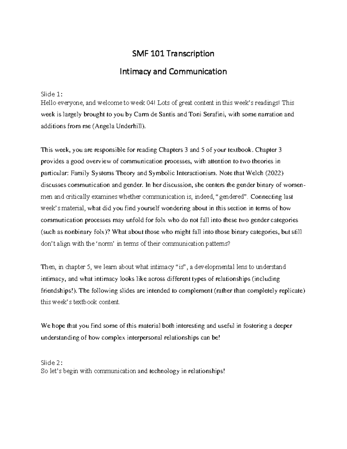 Week 4 Intimacy and Communication Lecture Transcription - SMF 10 1 ...