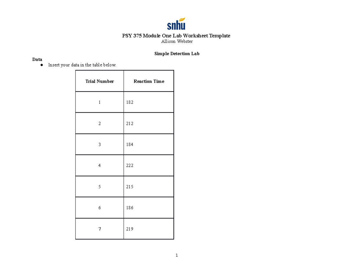 Module One Lab - Trial Number Reaction Time 1 182 2 212 3 184 4 222 5 ...
