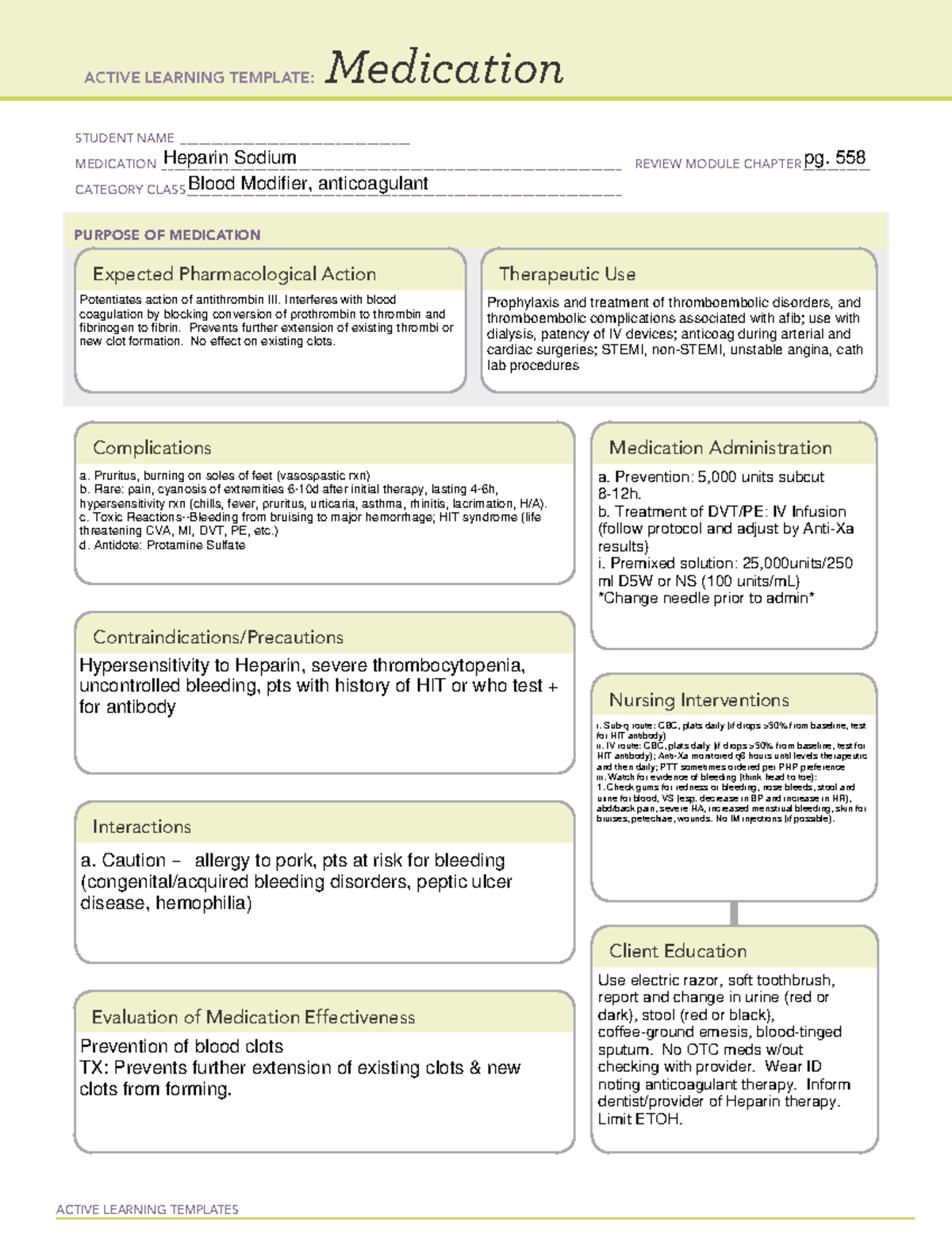 Heparin Sodium Med Template - ACTIVE LEARNING TEMPLATES Medication ...