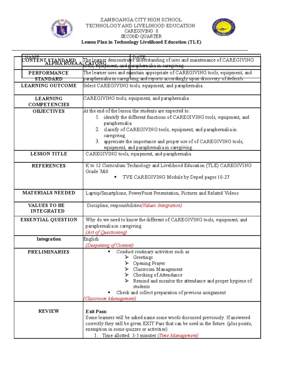 LESSON PLAN IN TLE - ZAMBOANGA CITY HIGH SCHOOL TECHNOLOGY AND ...