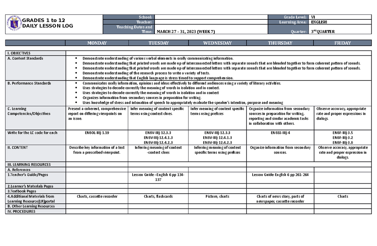 Lesson LOG- English 6 Q3 W7 - GRADES 1 to 12 DAILY LESSON LOG School ...
