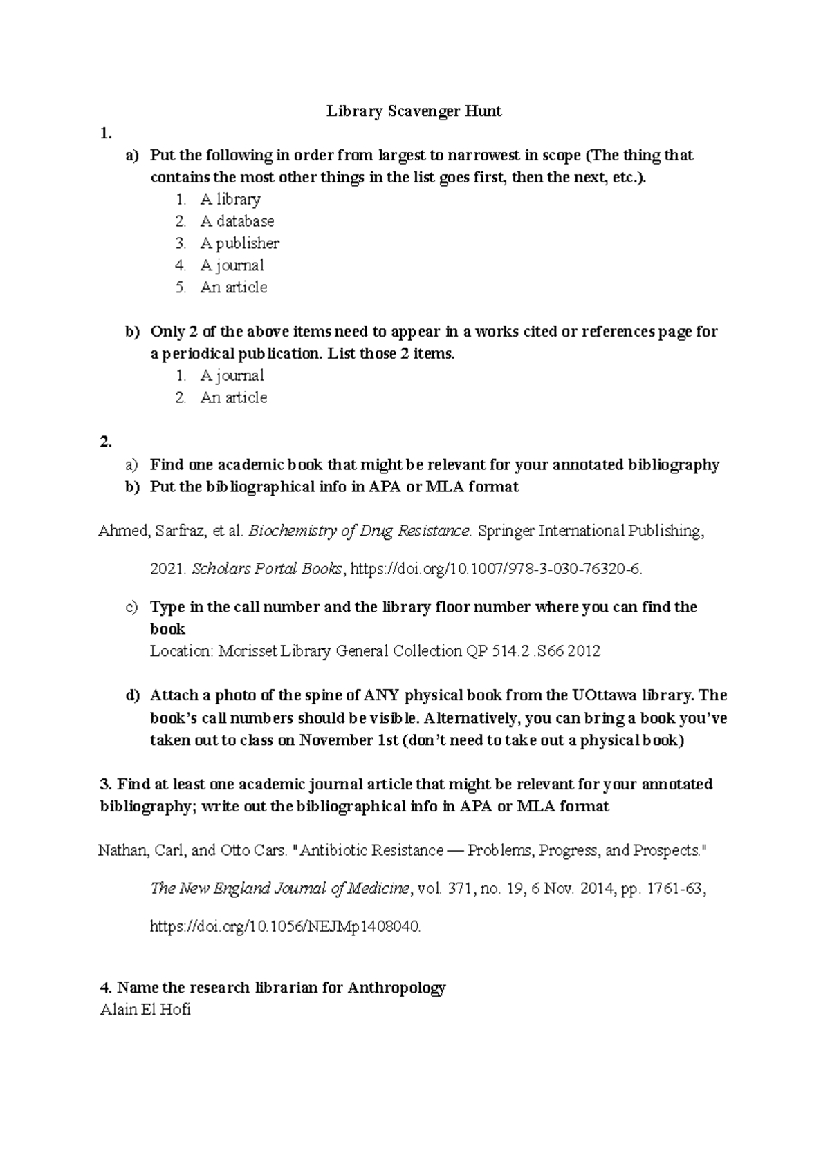 Library Scavenger Hunt - a) Put the following in order from largest to ...