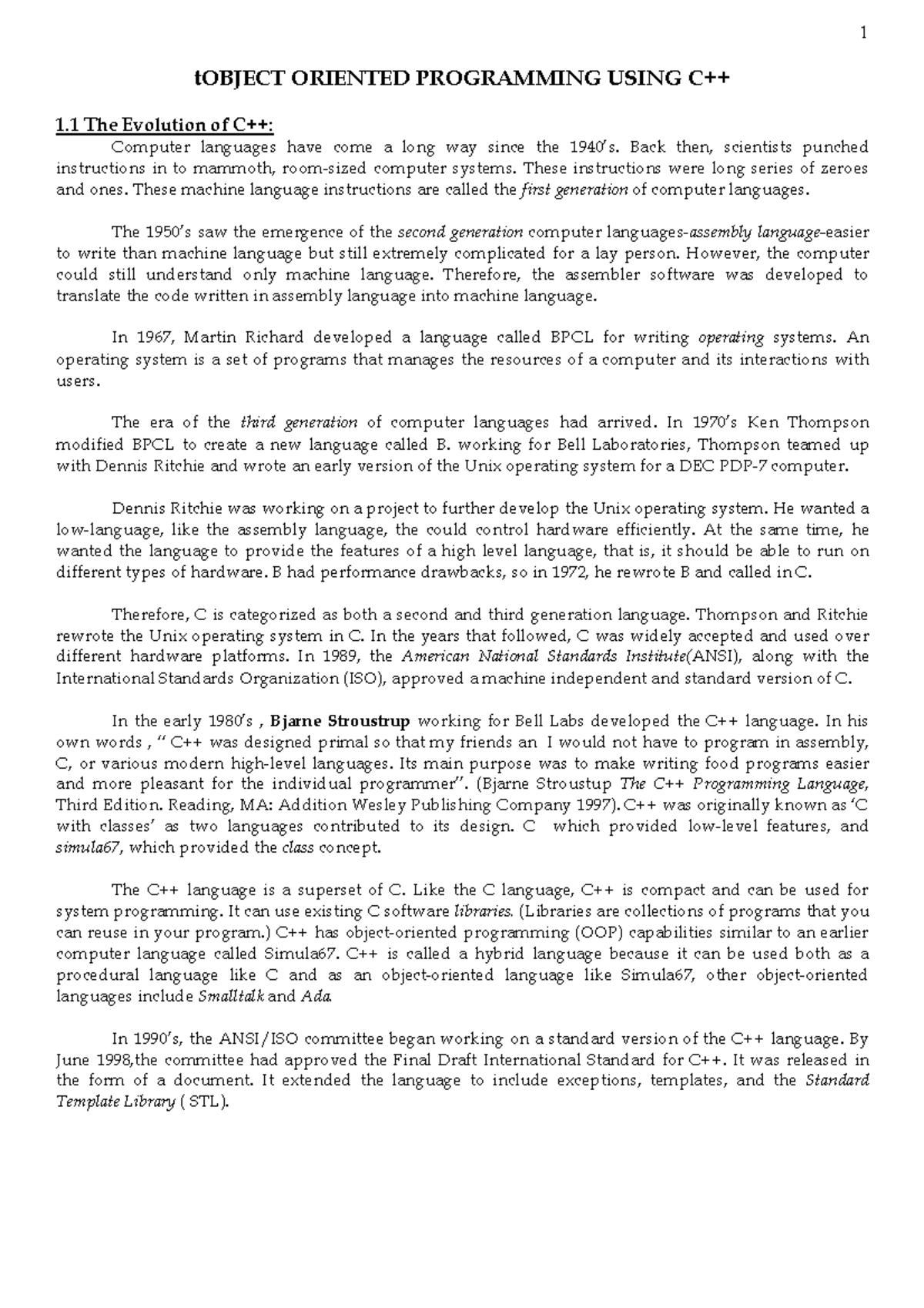 Object Oriented Programming Using C Note - tOBJECT ORIENTED PROGRAMMING USING C++ 1 The ...