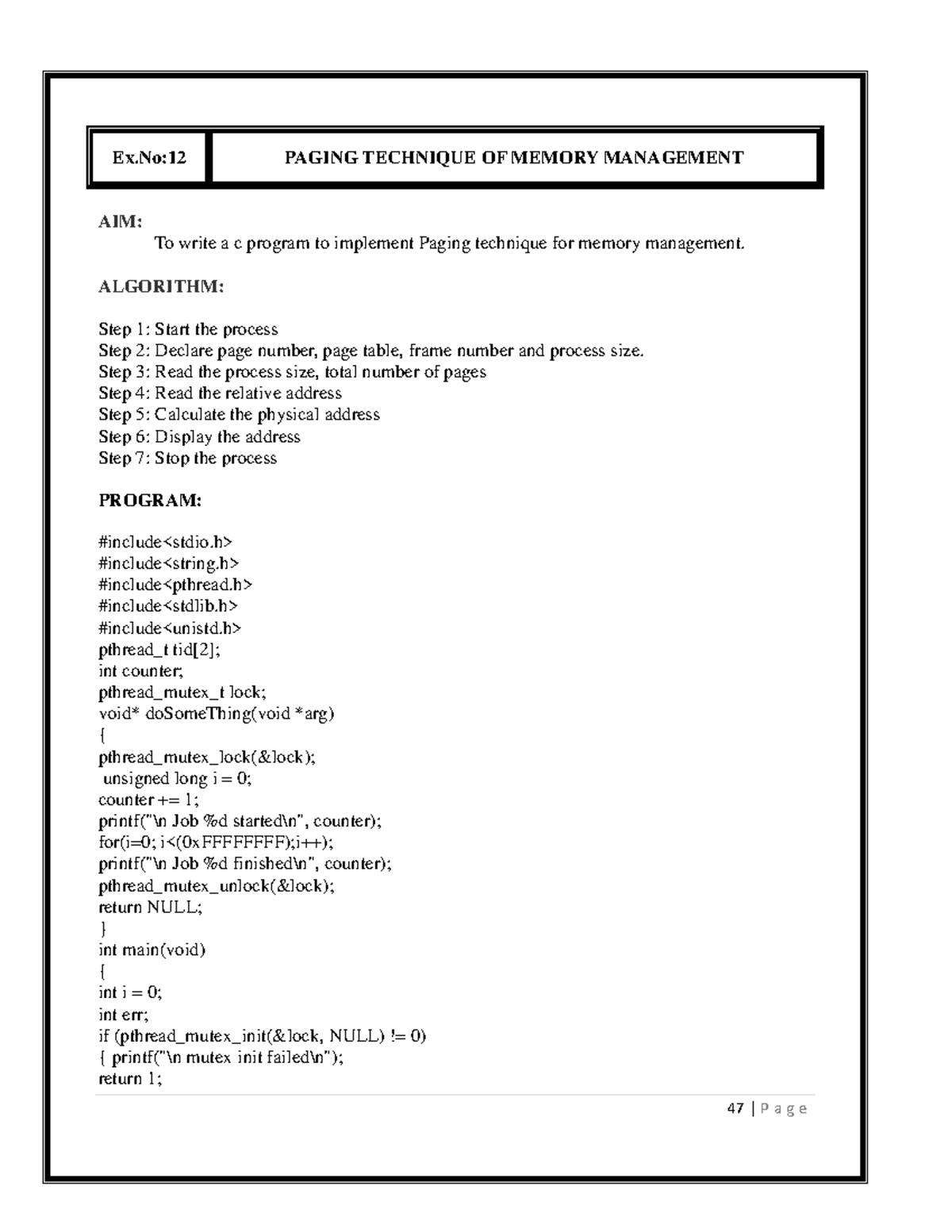 Implement Lfu Page Replacement Algorithm 47 P A G E Ex 12 Paging Technique Of Memory