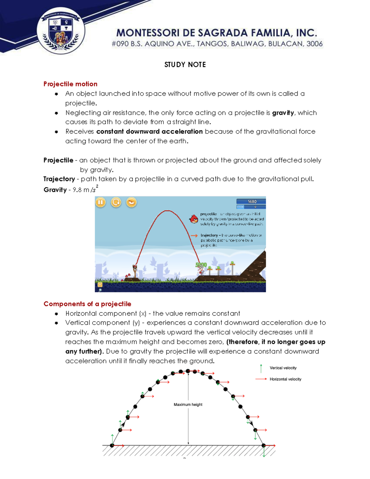 Projectile Motion - STUDY NOTE Projectile motion An object launched ...