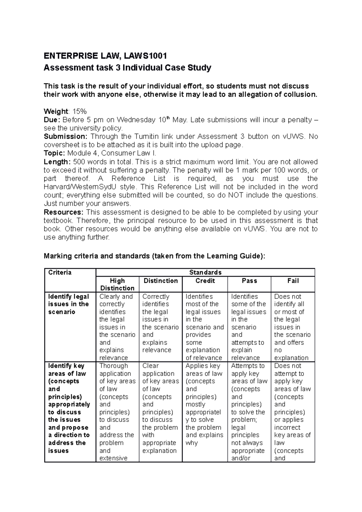 Indiv Case Study question - ENTERPRISE LAW, LAWS Assessment task 3 Individual Case Study This ...