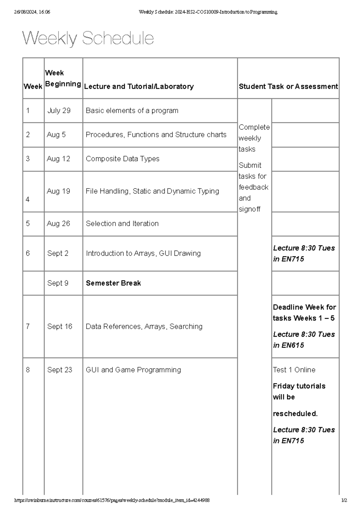UNIT Schedule - Weekly Schedule Week Week Beginning Lecture and ...