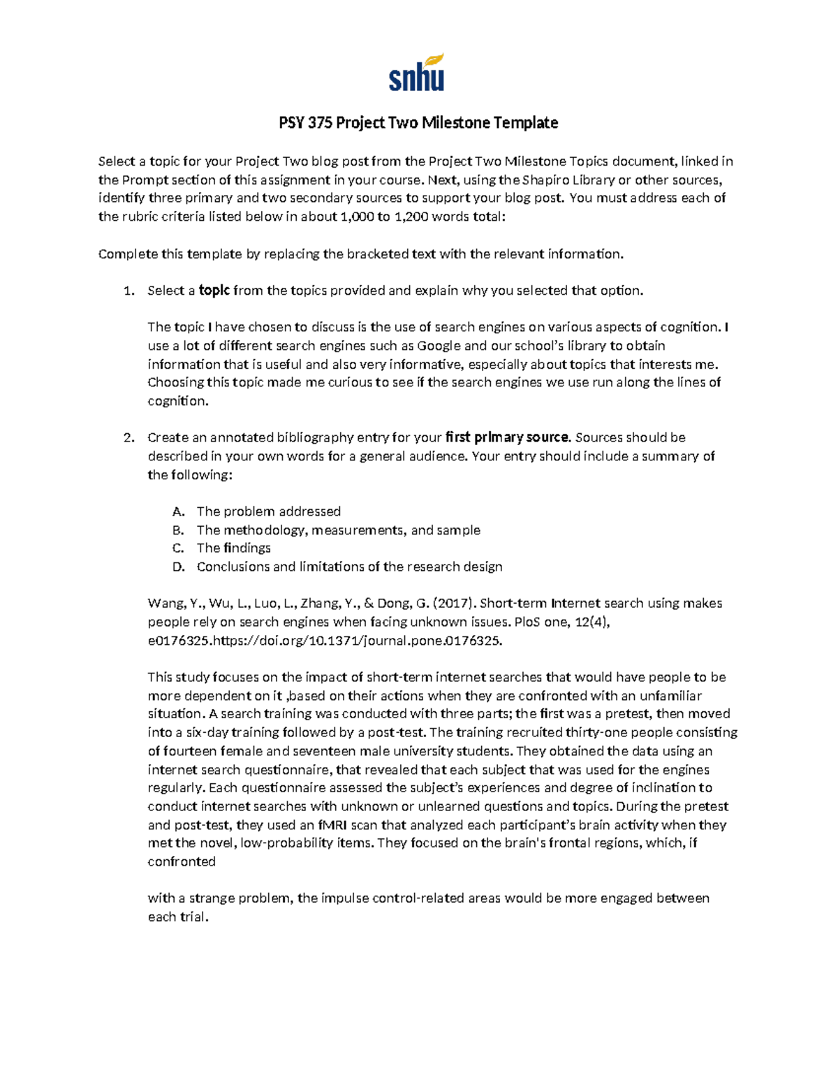 Cognition Module 5 Project 2 - PSY 375 Project Two Milestone Template ...