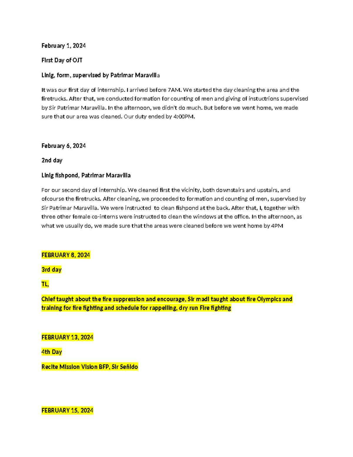 BFP- Narrative-2nd Sem - February 1, 2024 First Day of OJT Linig, form ...