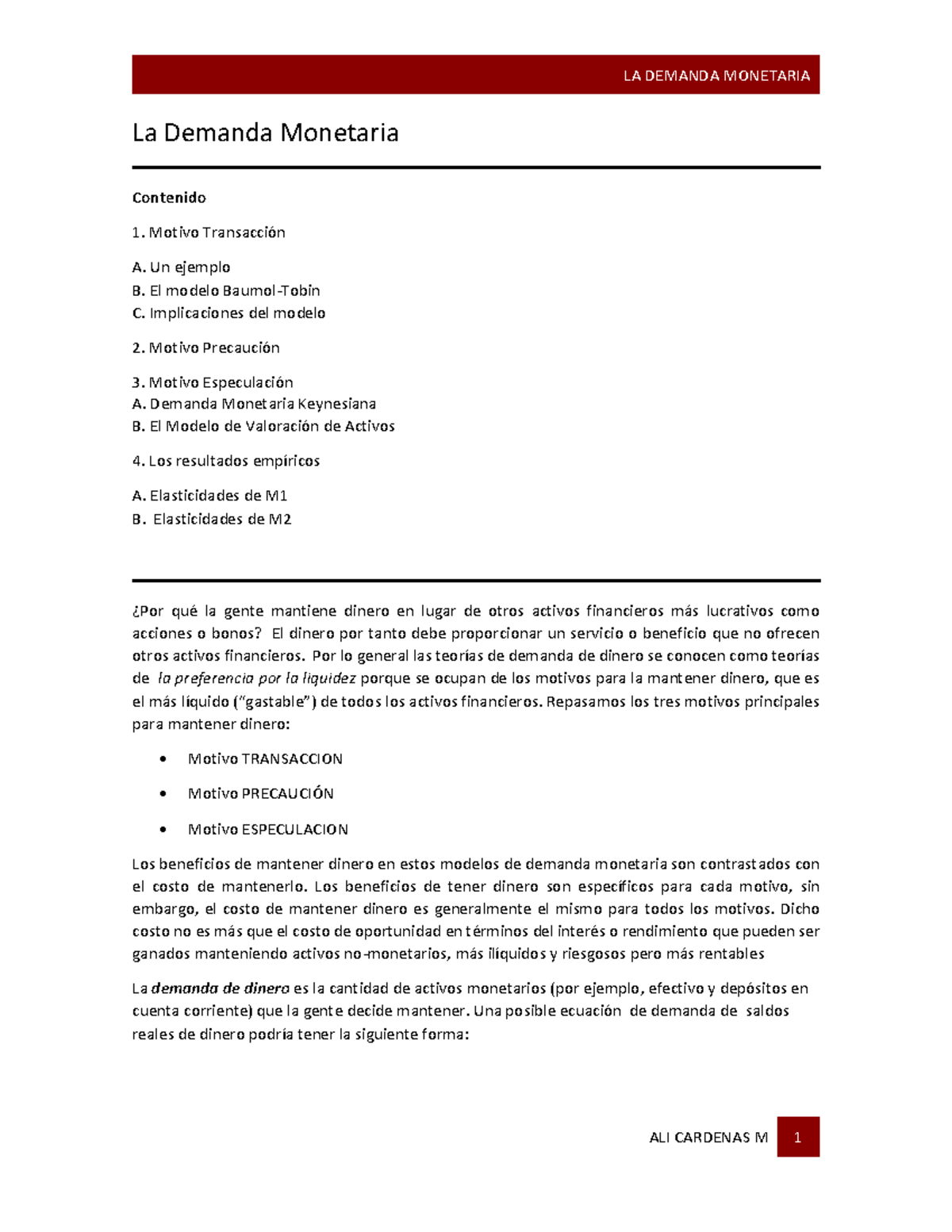 EL Modelo Baumol-Tobin - La Demanda Monetaria Contenido Motivo ...