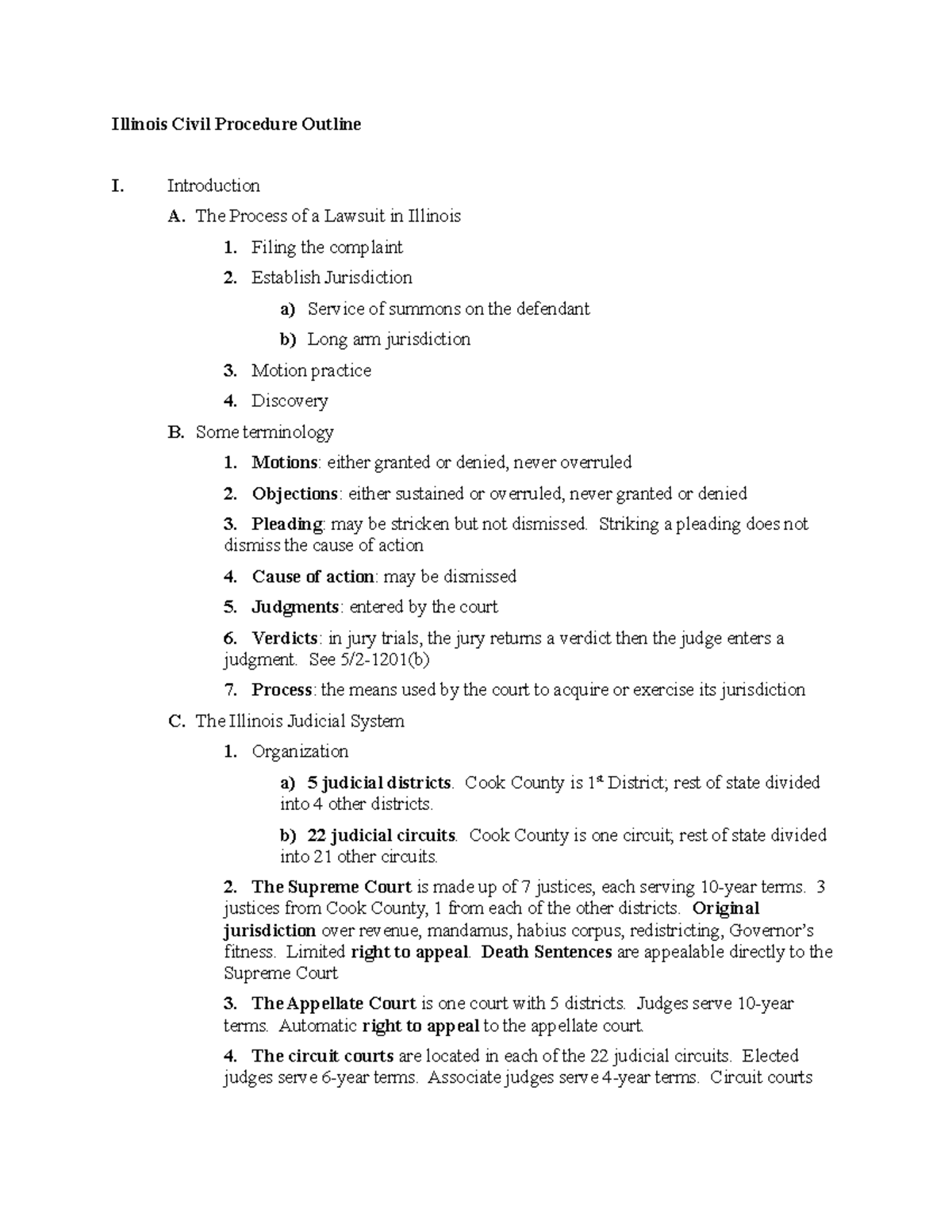 Illinois Civil Procedure Outline - Introduction A. The Process of a ...